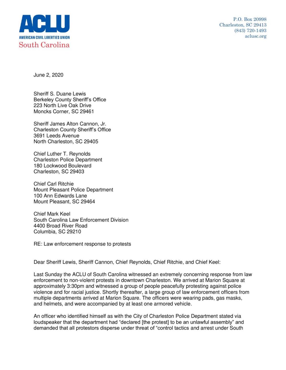 ACLU of SC demands law enforcement explain peaceful protesters' arrests