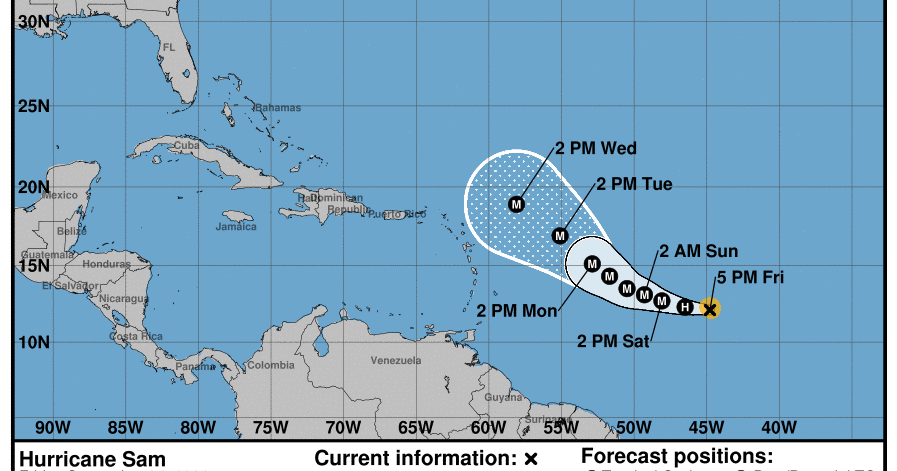 Hurricane Sam picks up steam as it continues on a westward trek through ...