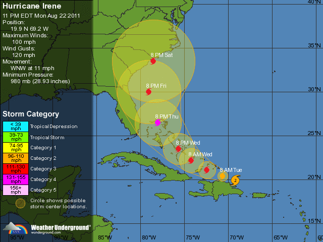 Category 2 storm Hurricane Irene: Forecasters shift storm track east of ...