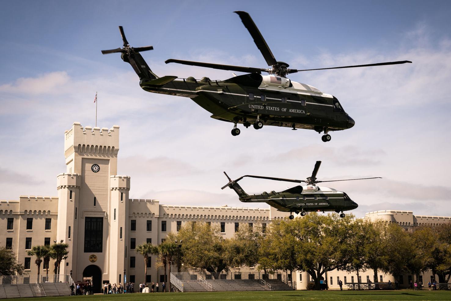 President's Marine One helicopters land at The Citadel in Charleston ...