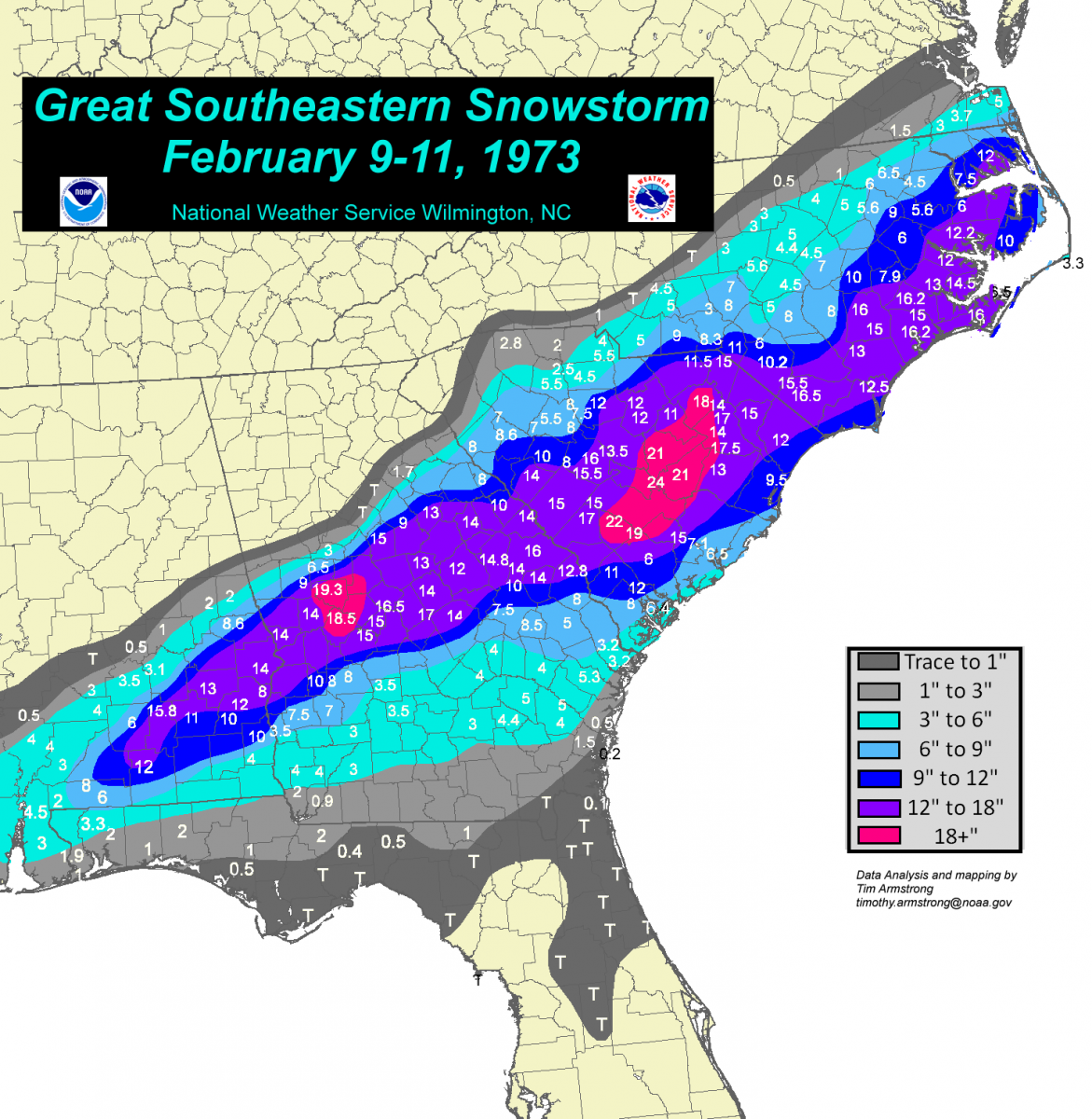 What is the record level of snowfall for Columbia, SC?
