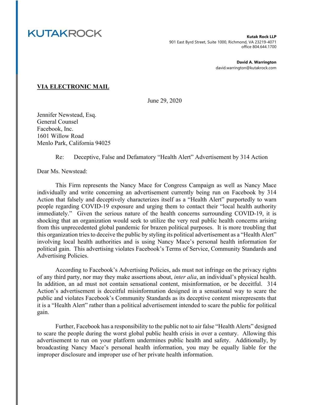 Nancy Mace demands Facebook stop running 'deceptive' ad disguised as health alert