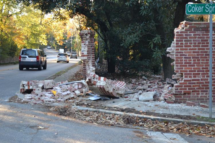 Brick wall at Rond Point on Whiskey Road damaged by car, again