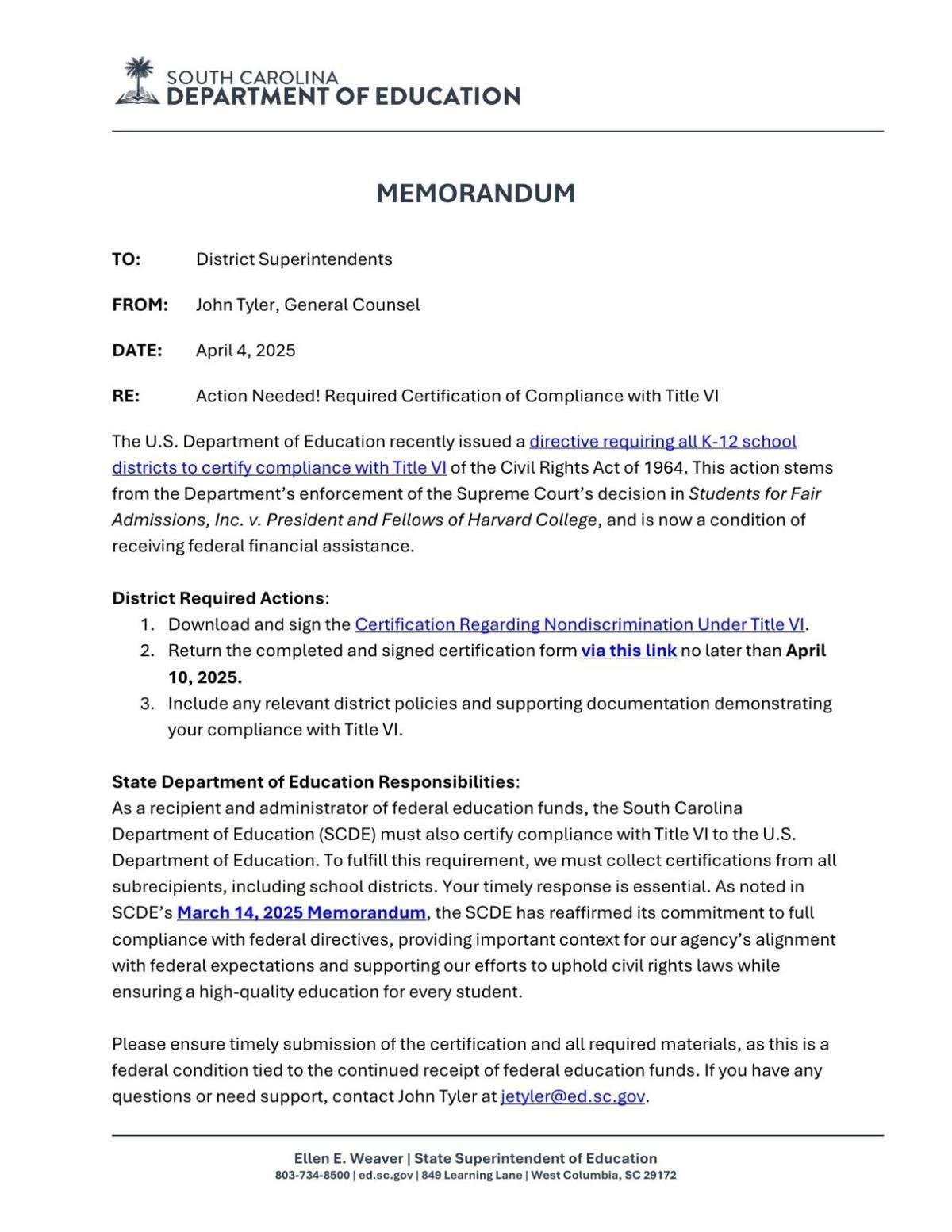 SC's Weaver eyes full compliance with Trump education policy