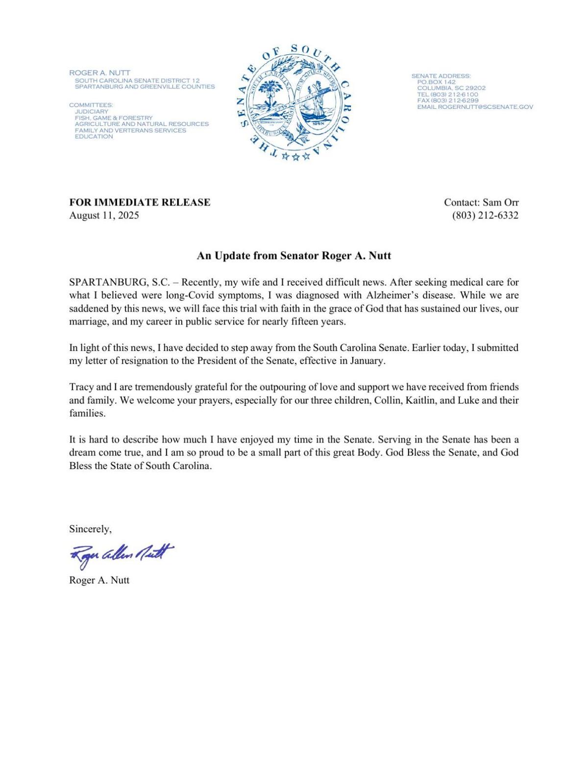 Roger Nutt resigns from SC Senate after Alzheimers diagnosis