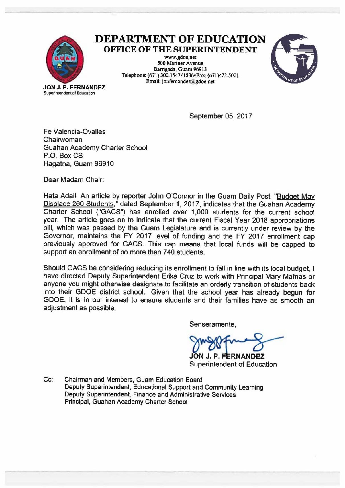 Fernandez letter to GACS chairwoman | Guam News | postguam.com