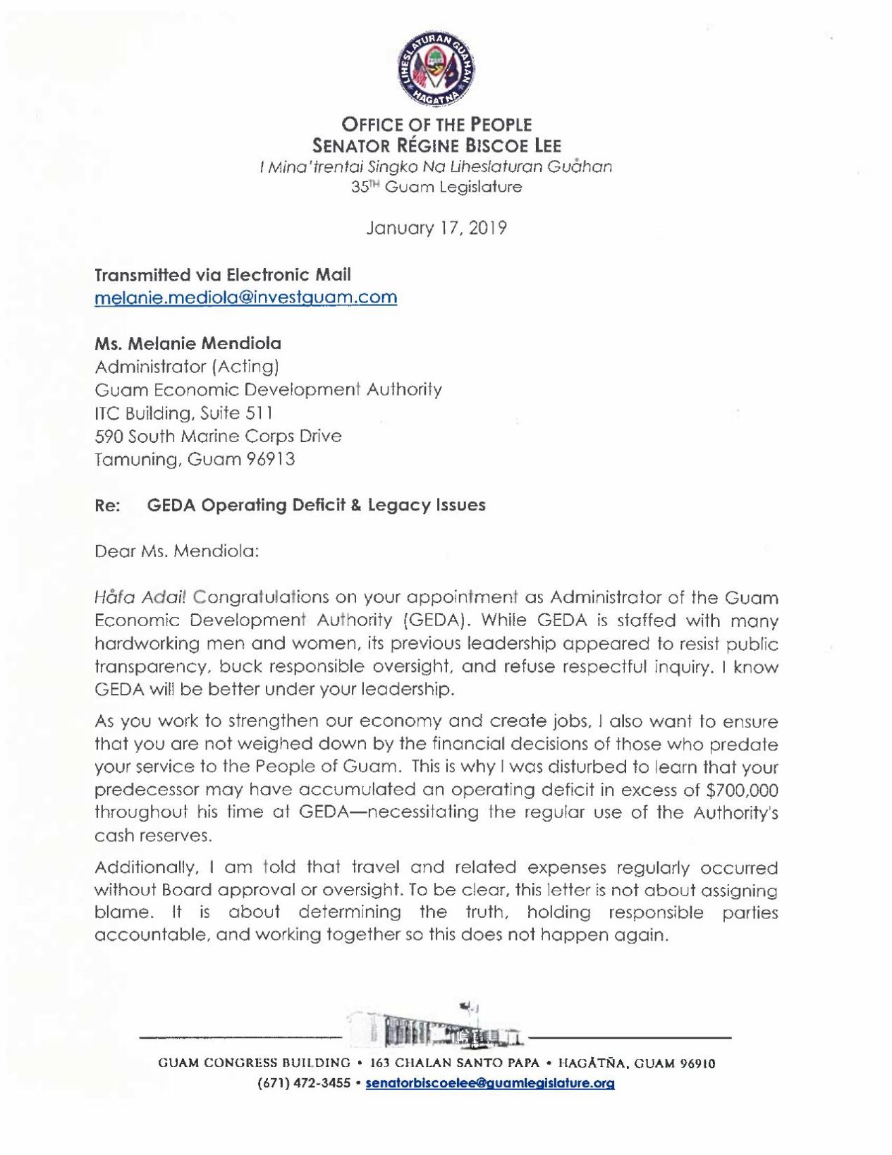 Sen. Lee's letter to acting GEDA administrator Mendiola | | postguam.com