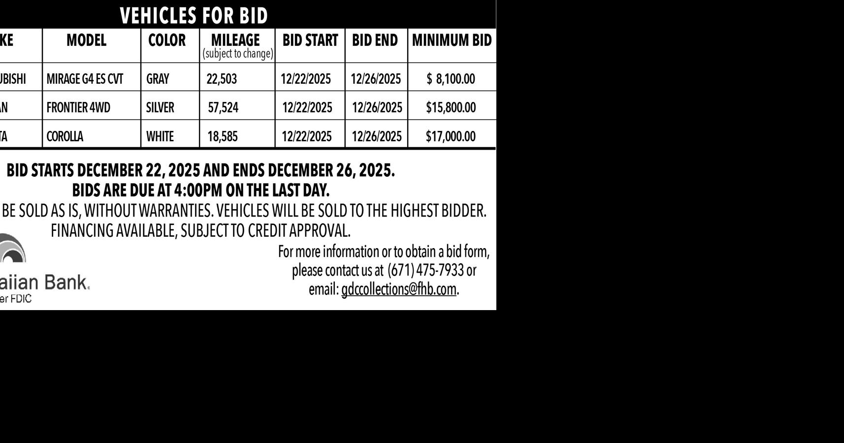 First Hawaiian Bank - Vehicles for Bid | Expo | postguam.com