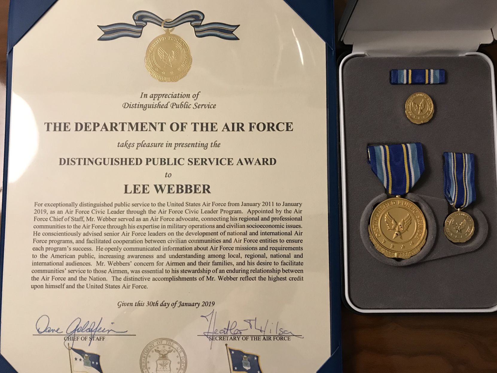 Webber receives US Air Force Distinguished Public Service Award | Local ...