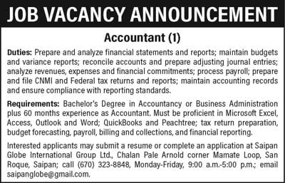 Saipan Globe - Hiring Accountant | Employment | postguam.com