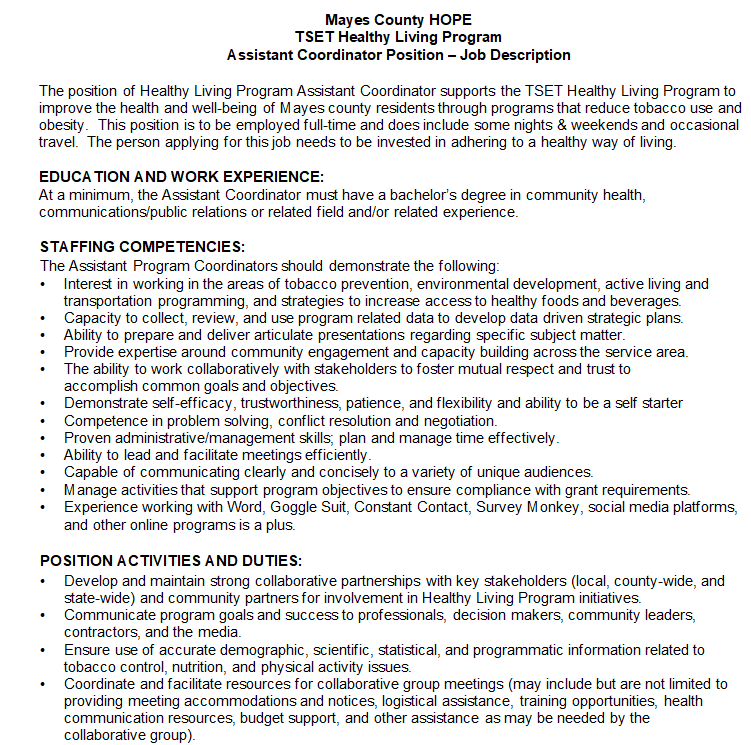 Mayes County HOPE Seeks New TSET Healthy Living Program Assistant ...
