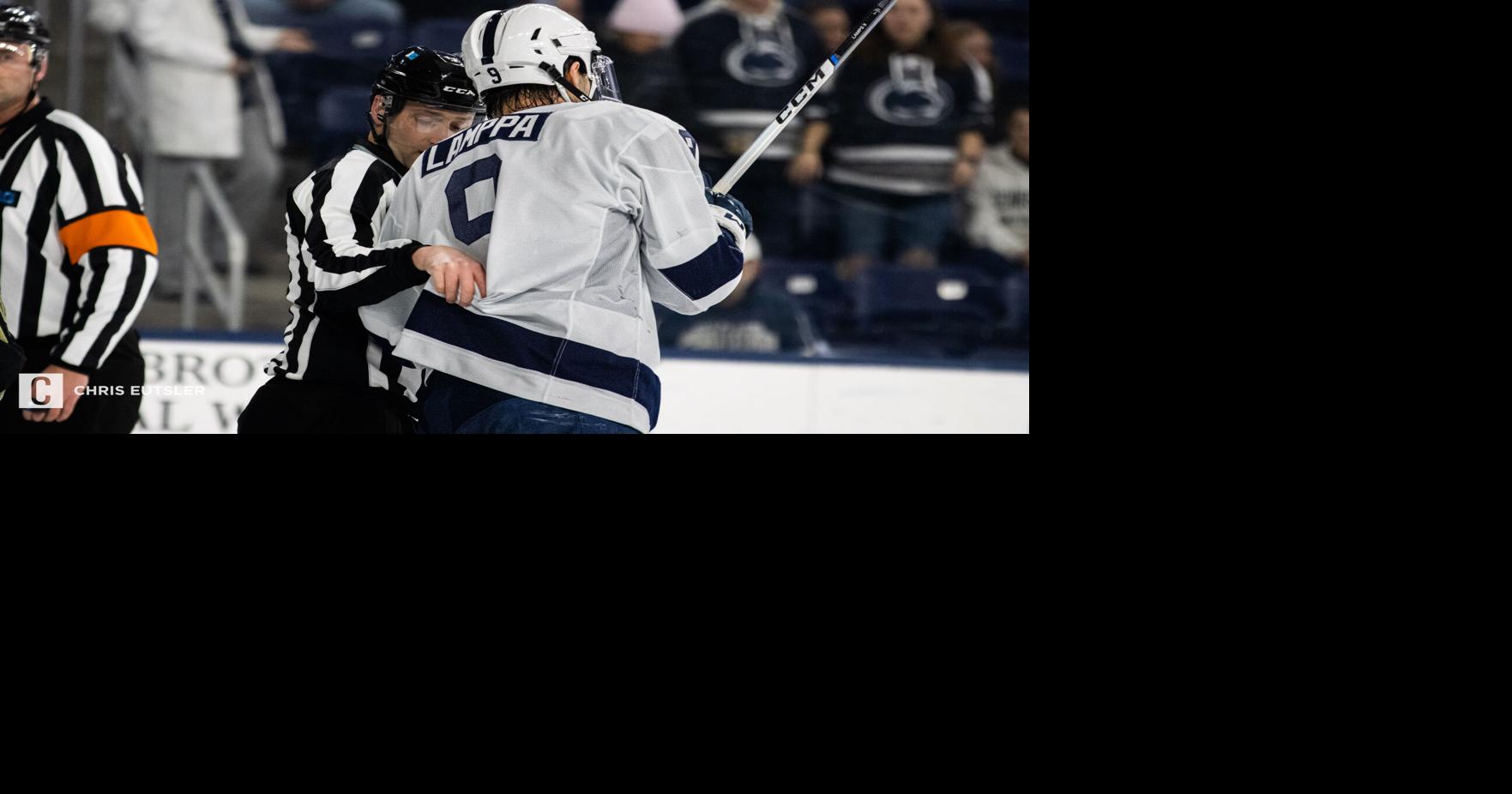 PSU Men's Hockey V. Army, Lamppa (9) talks to the ref after a fight ...