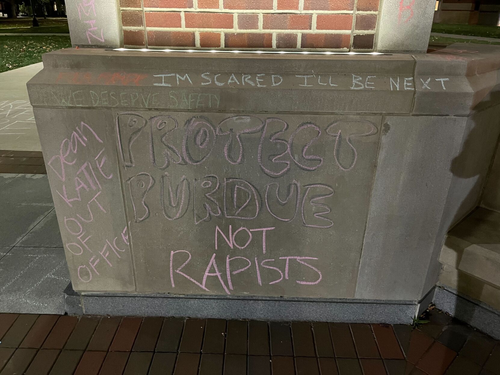 Purdue's Arch covered in chalk writing calling for resignation of Katie ...