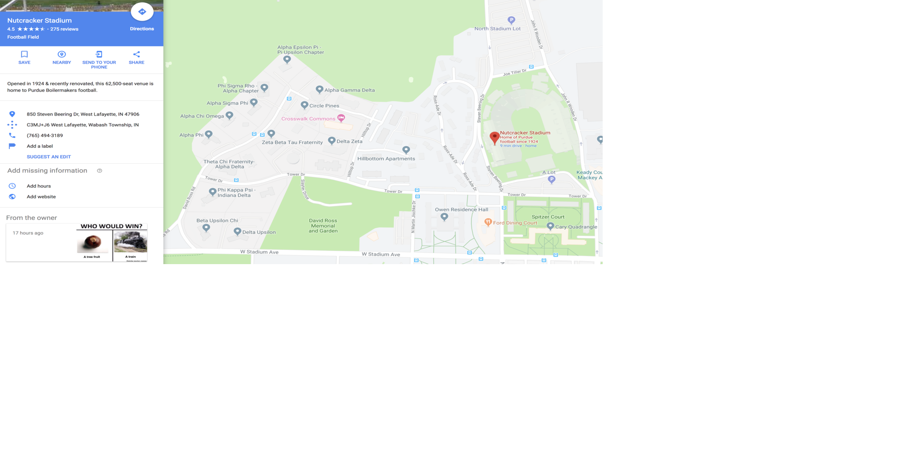 Ross-Ade Stadium labeled 'Nutcracker Stadium' on Google Maps | Sports ...