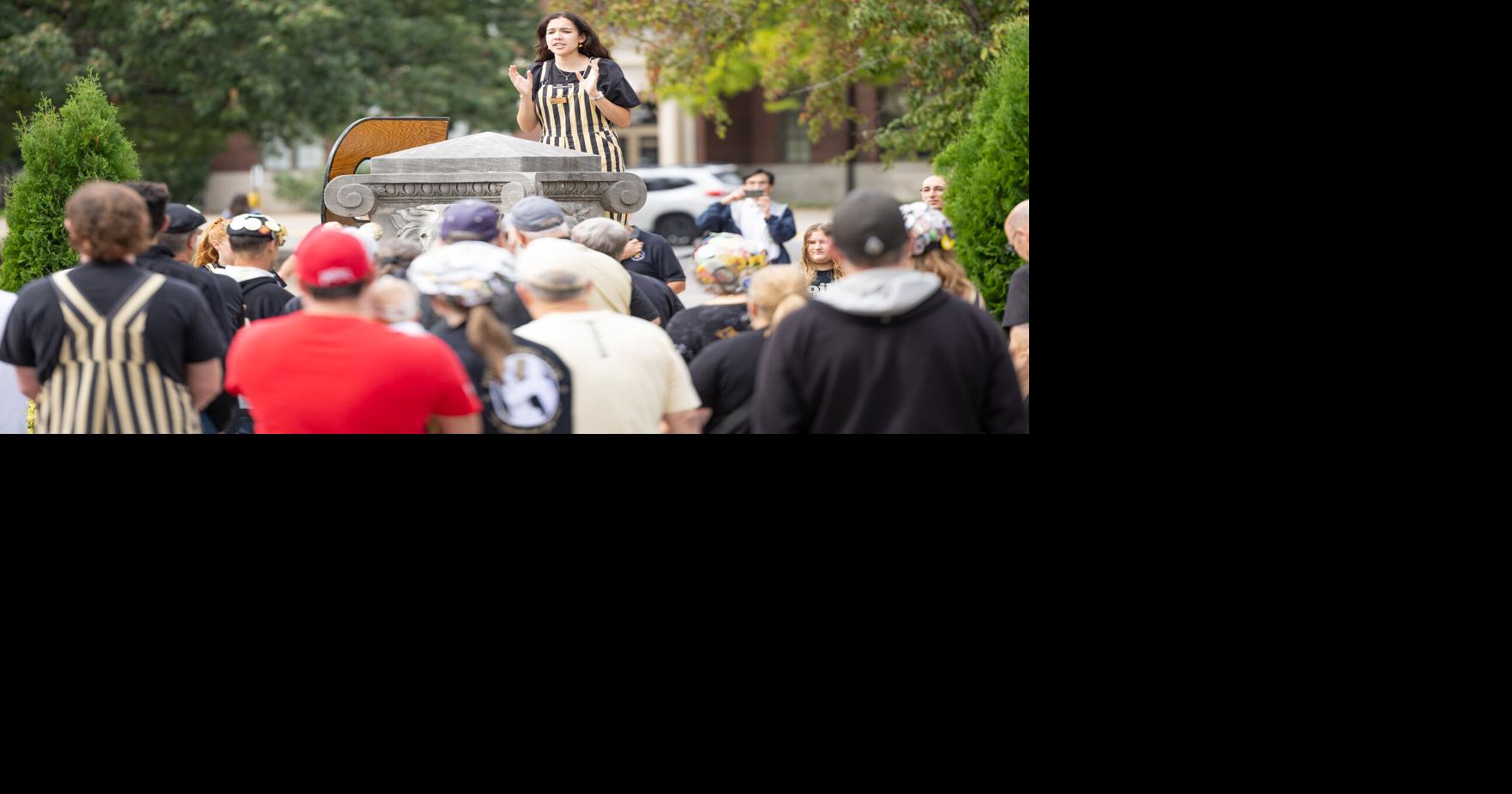 9/16/23 Ava Curry addresses students and alumni at the Lions Fountain ...