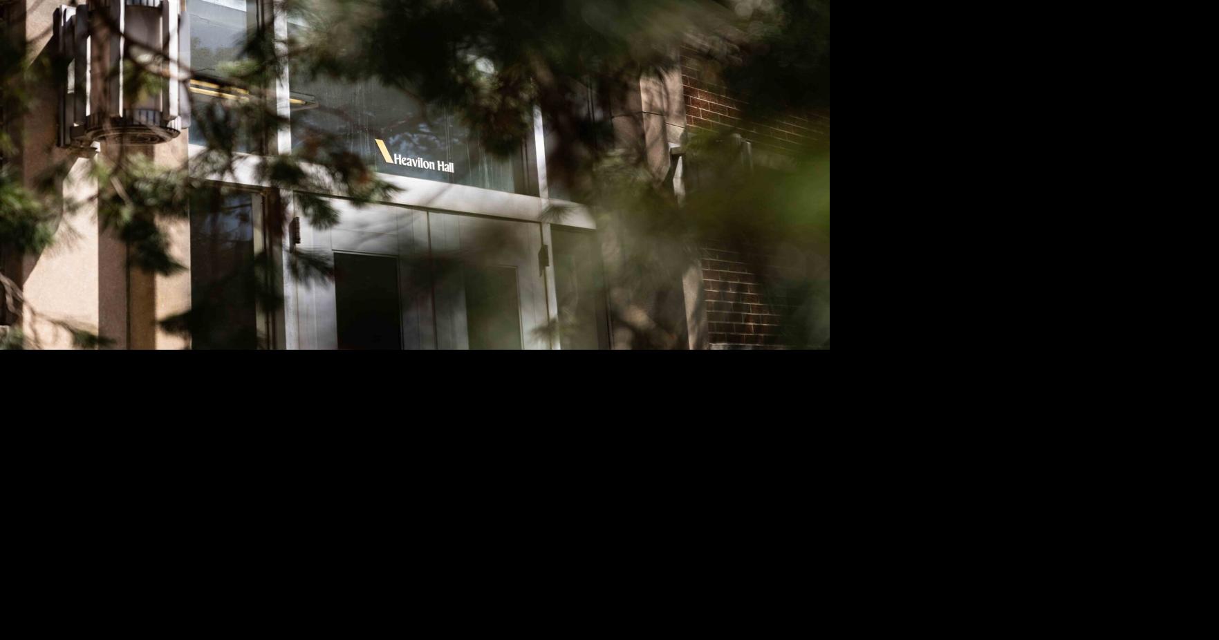 4/11/23 Creative angles of Heavilon Hall, Side sign through trees ...