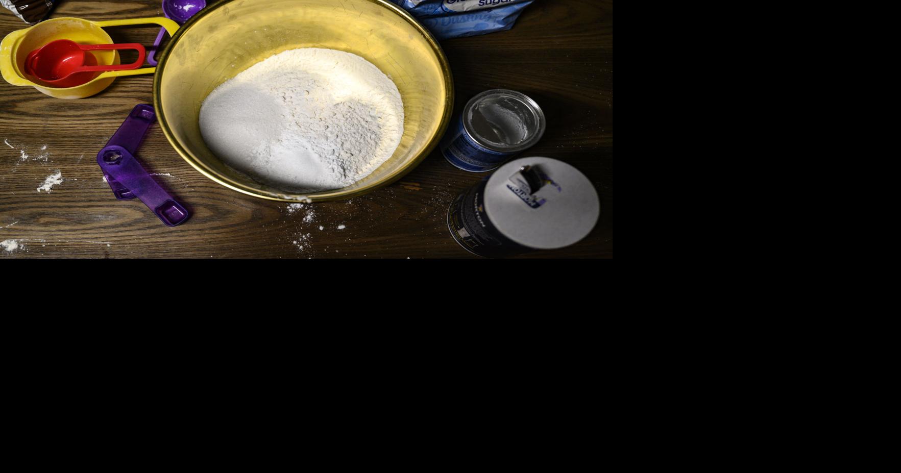 Add the flour, sugar, baking powder and salt to the mixing bowl and ...