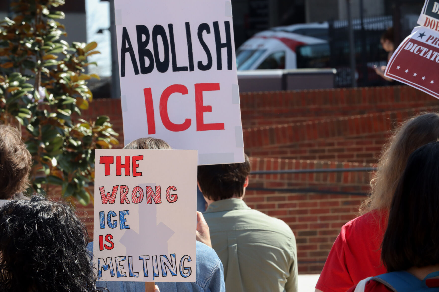 UGA Anti-ICE Coalition protests at Tate Plaza, mayoral candidate Tim ...