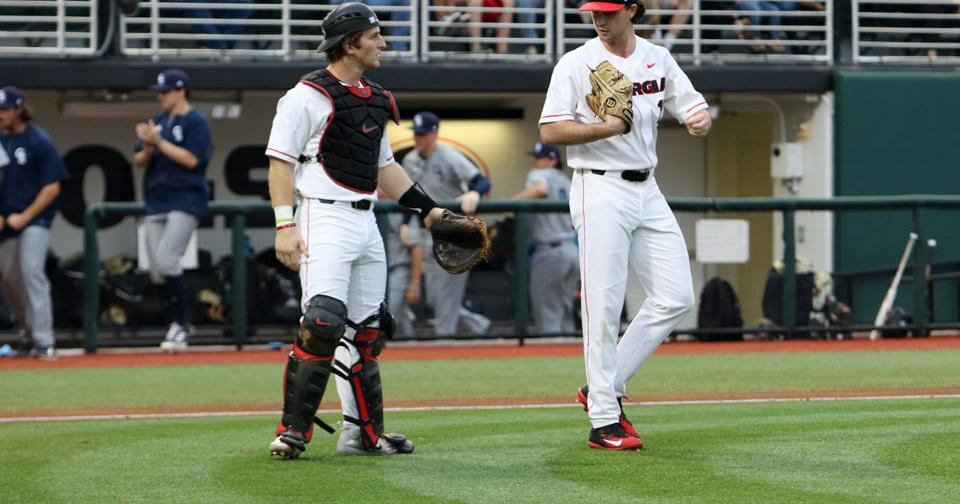 Georgia baseball catchers Mason Meadows and Austin Biggar embracing ...