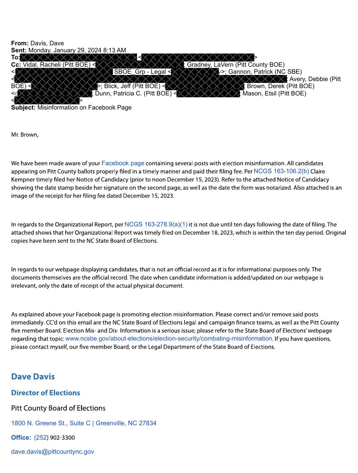 Letter from Elections Director Dave Davis asking Lenton Brown to remove ...