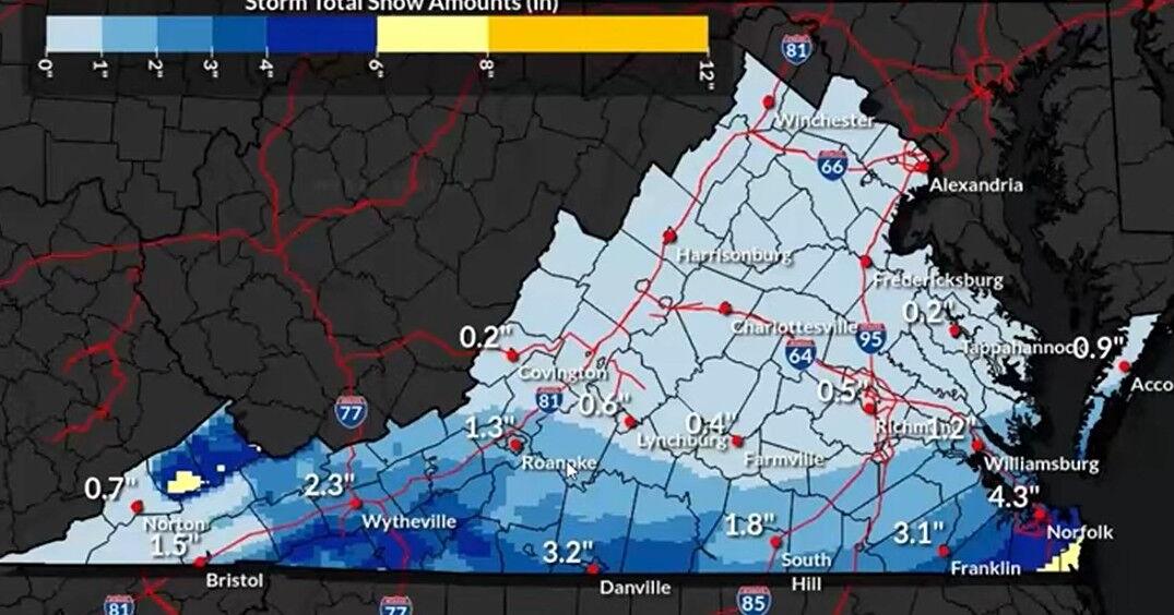 Snow forecast reduced to Richmond 1-2 inches, NWS says
