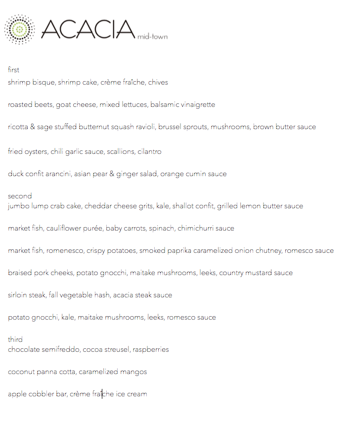Acacia Mid-Town Fall 2019 Richmond Restaurant Week menu | Restaurant ...
