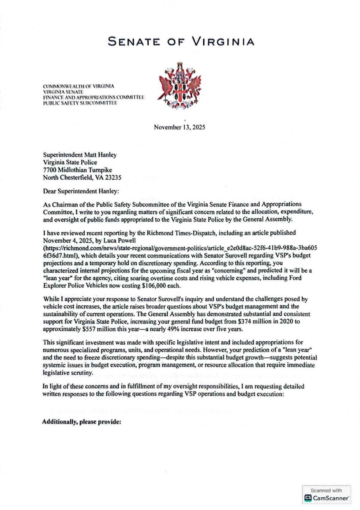 Ebbin seeks review of Virginia State Police spending