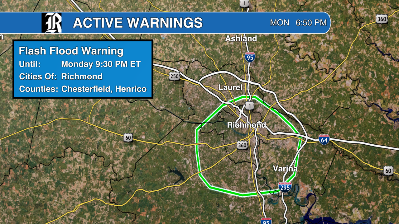 Flash Flood Warning for RVA until 9:30 p.m. Monday