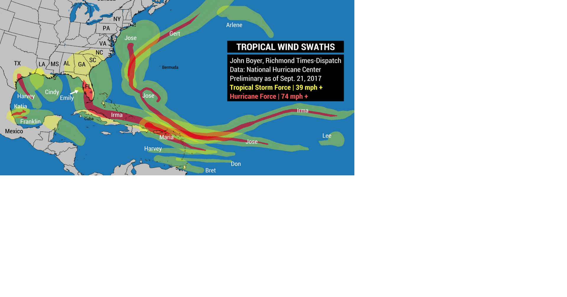 These maps help explain where and how powerful hurricanes have been in the Atlantic in 2017
