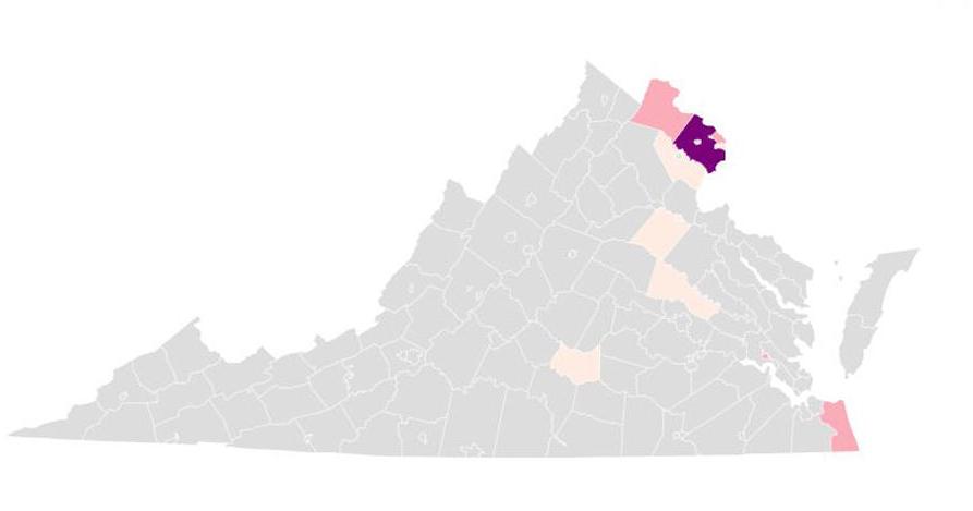 Map of coronavirus cases in Virginia