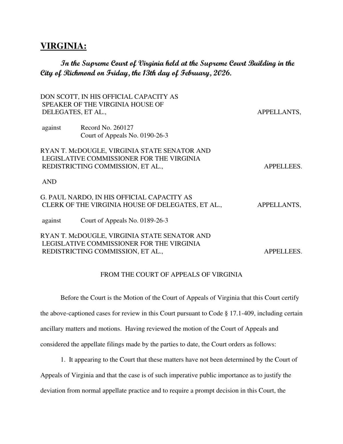 Read the Virginia Supreme Court order concerning redistricting
