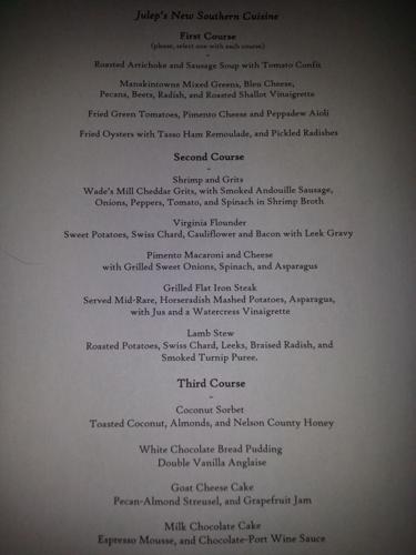 Julep's New Southern Cuisine Spring 2014 Richmond Restaurant Week Menu