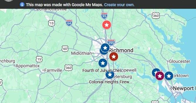 Map of where to watch fireworks in Richmond, Va.