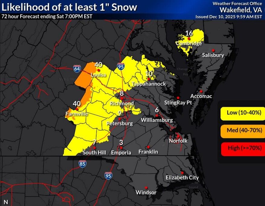 Potential for Friday snow increases west of Richmond