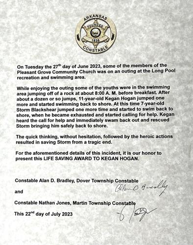 11-year-old Keegan Hogan presented Life Saving Award by Pope County ...