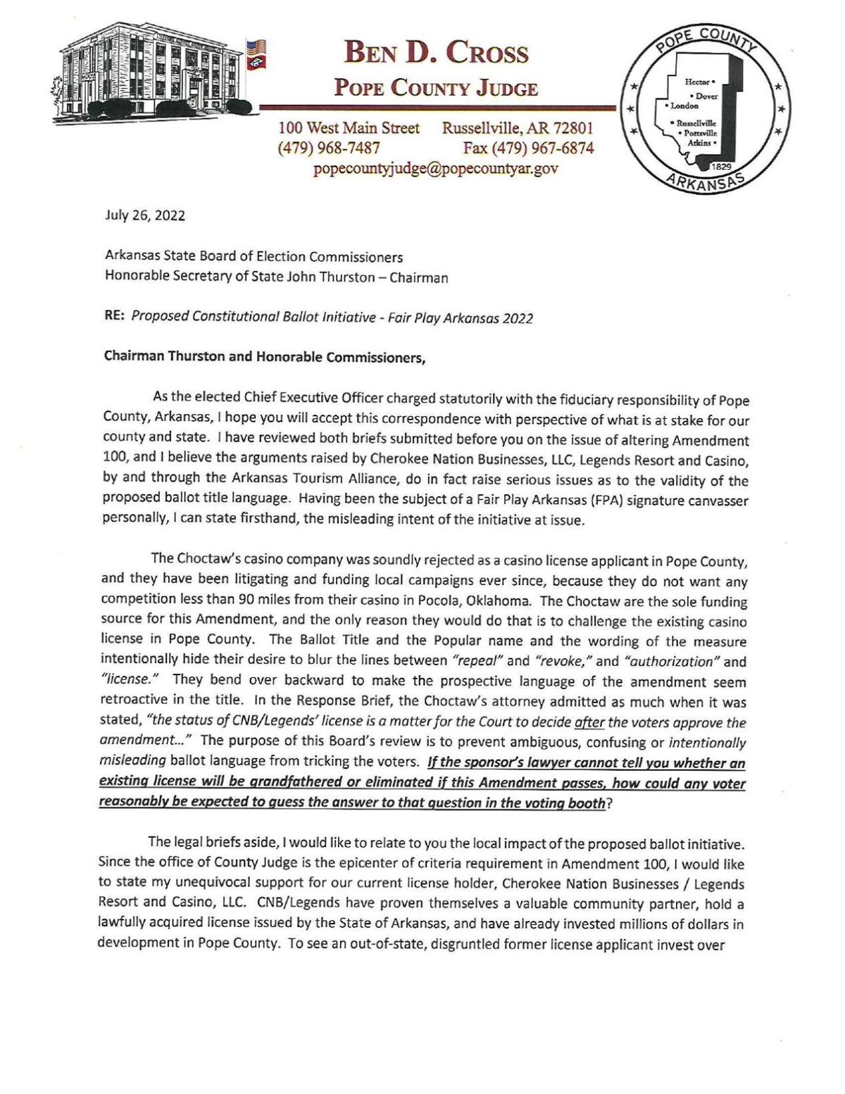 Judge Ben Cross raises concerns with 'Fair Play Arkansas' to Arkansas ...