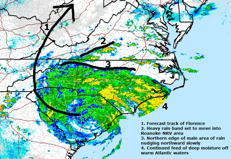 Saturday PM update: Maybe a bit faster arrival of Florence's heavy rains