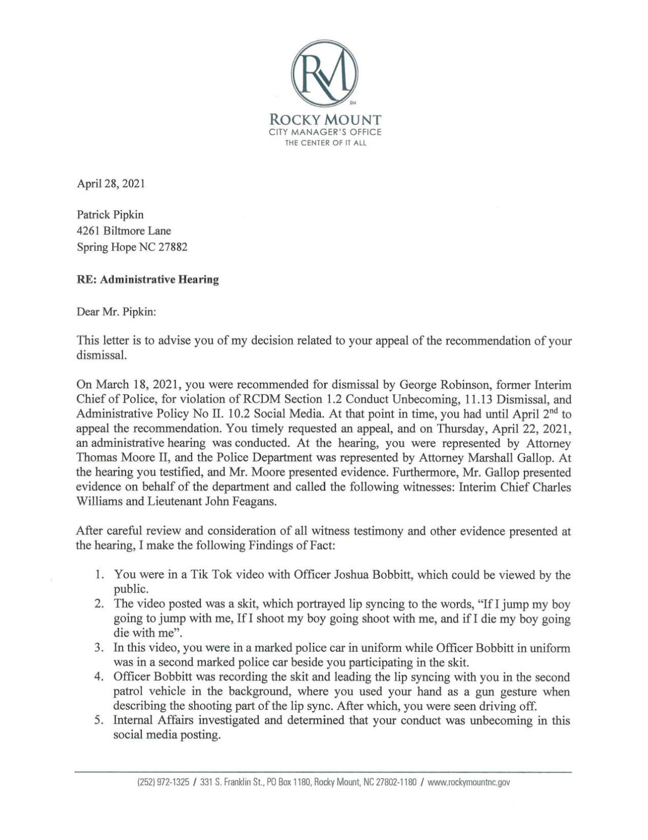 Patrick Pipkin Dismissal Letter | Local News | rockymounttelegram.com