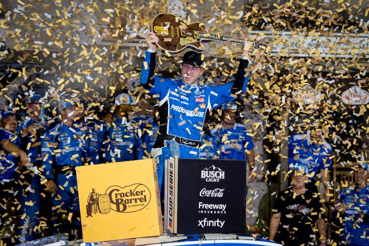 Denny Hamlin storms back from a pole-start penalty to win at Nashville ...