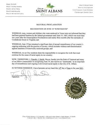 St. Albans City issues proclamation recognizing Juneteenth | Local News ...