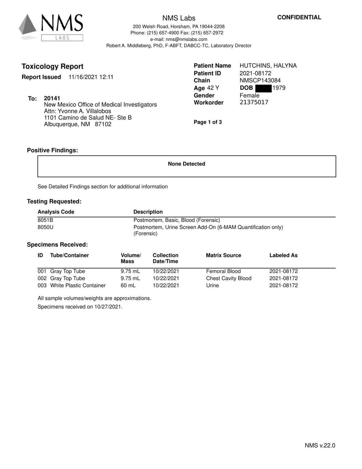 NM OMI - Halyna Hutchins Toxicology Report | | santafenewmexican.com