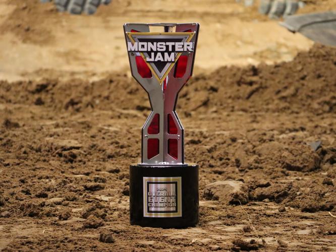 Arena floor transformed into Monster Jam playground