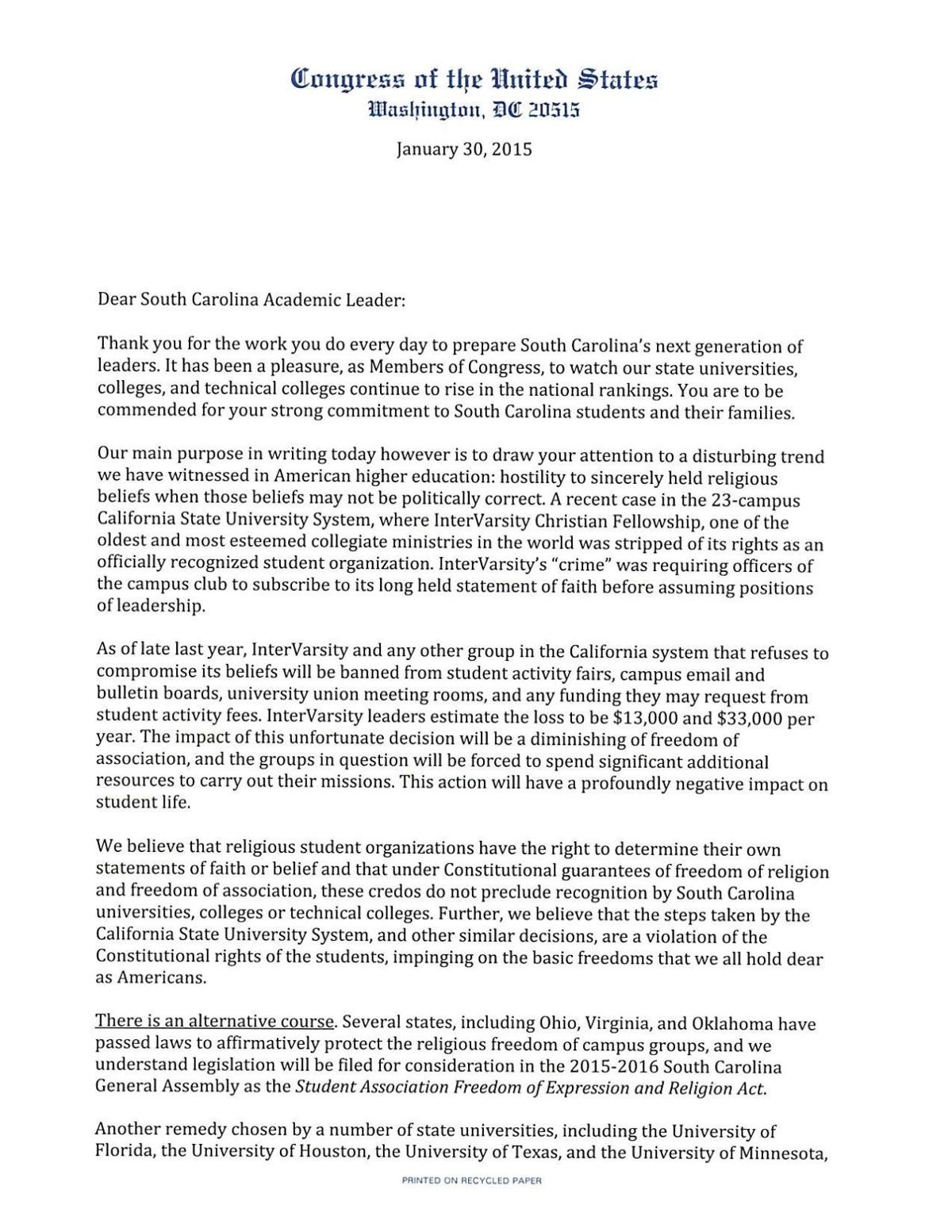 State Congressional Republicans send letter to colleges, universities ...