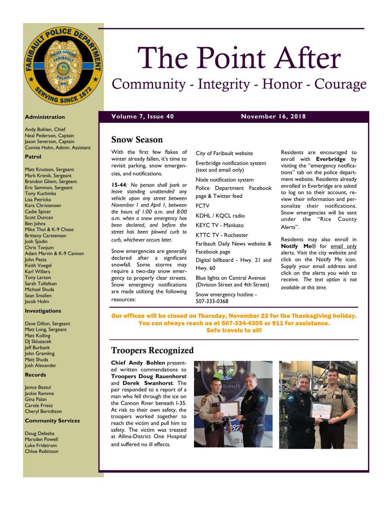 The Point After- Faribault Police weekly newsletter Nov. 16 | Community ...