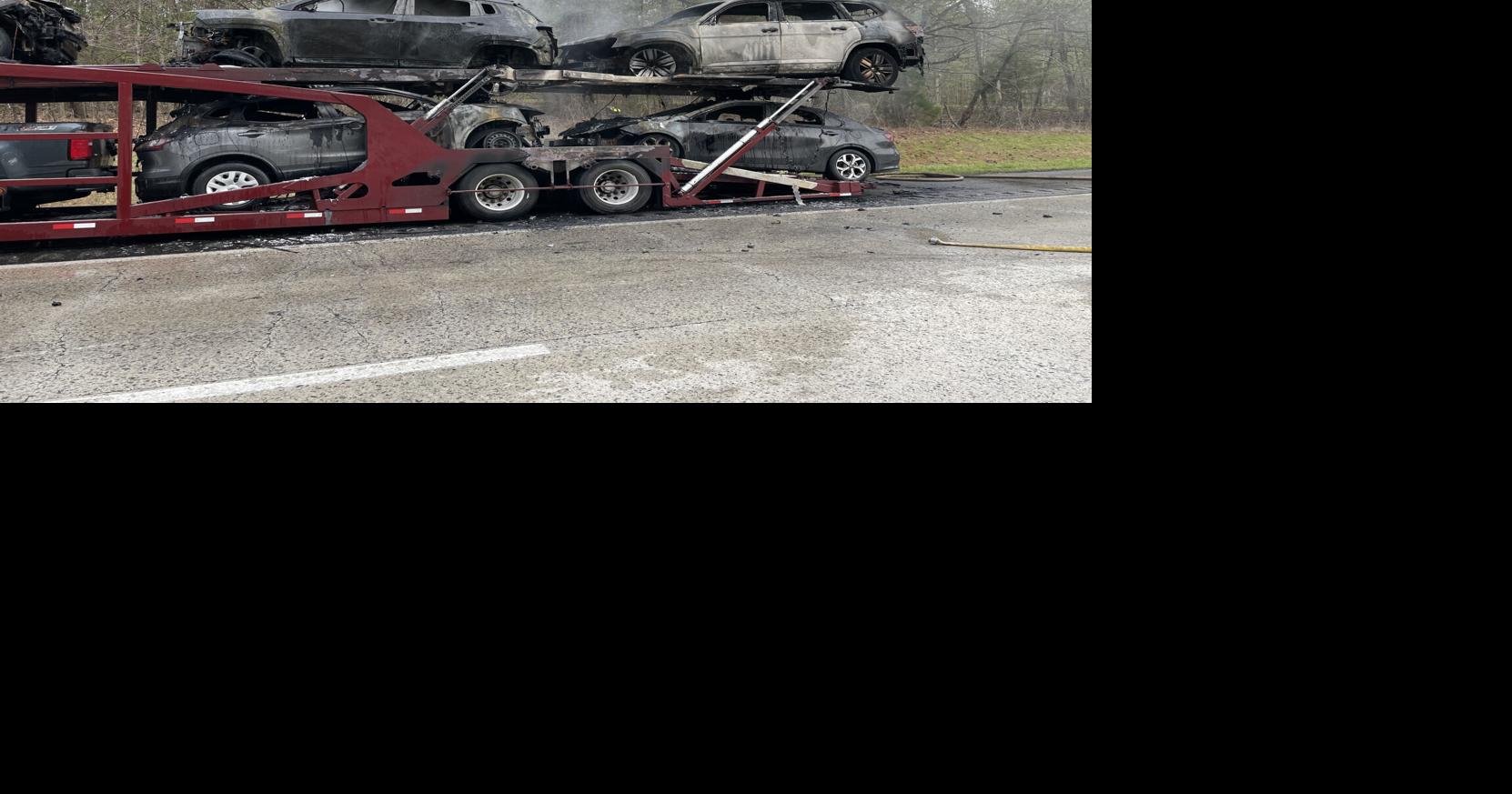 Five vehicles destroyed in car hauler fire on Interstate 40