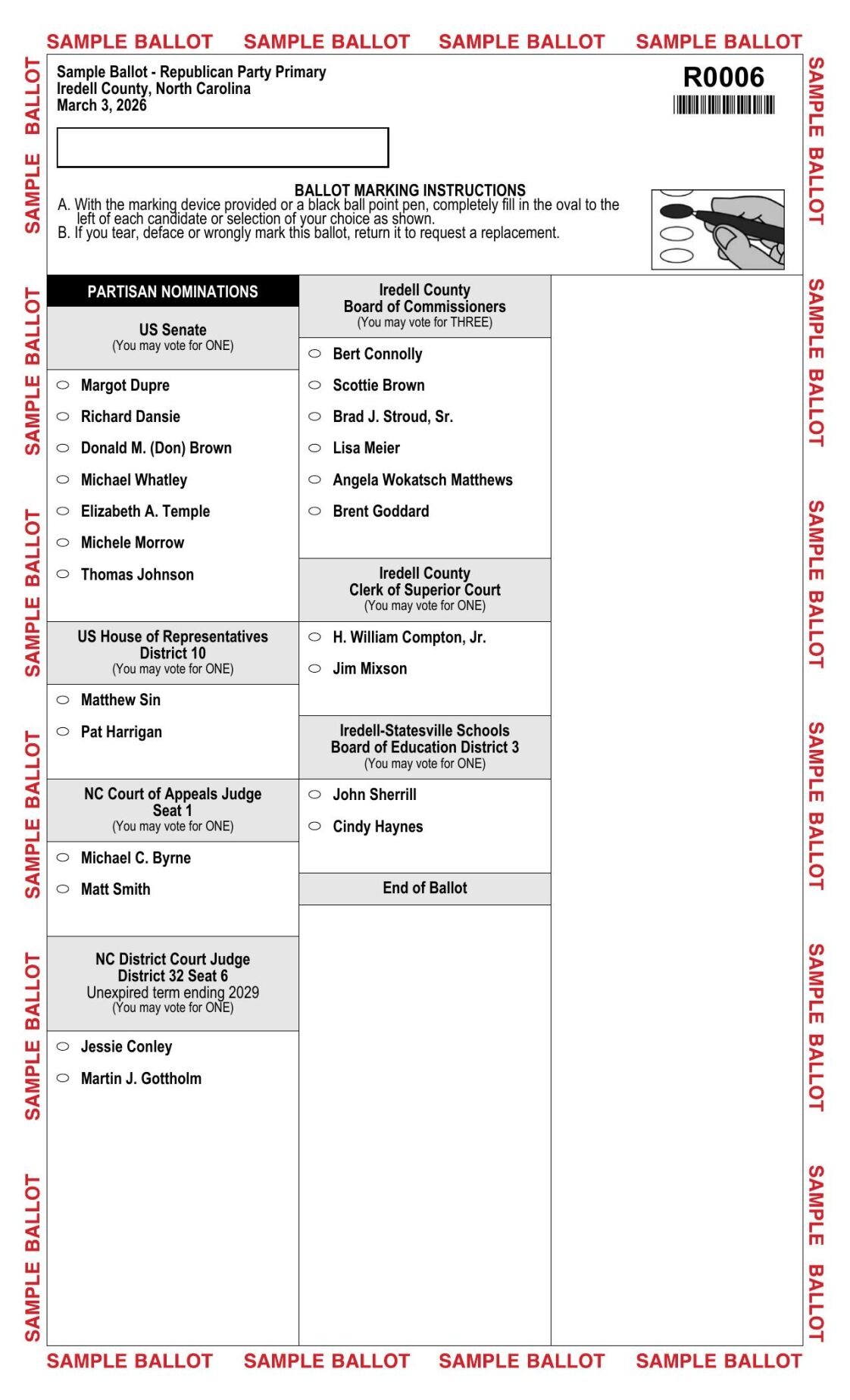 Sample ballots for Iredell County NC 2026 primary elections