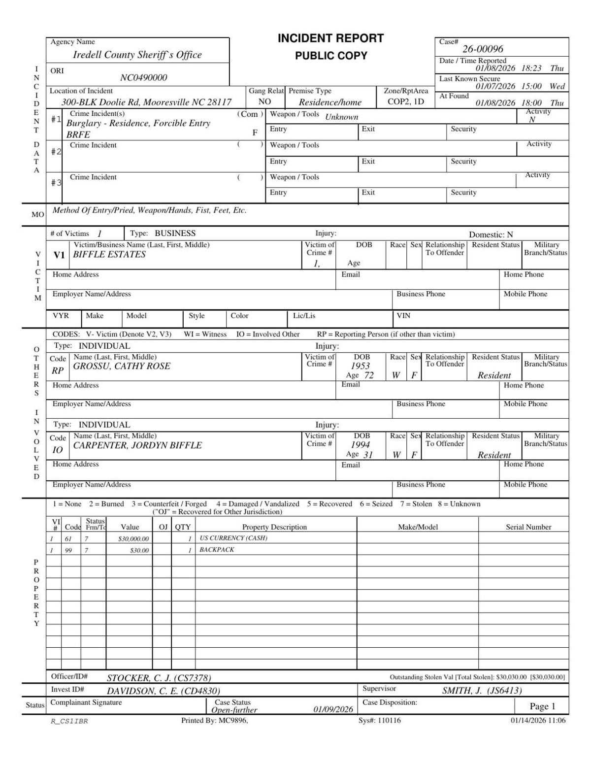 Greg Biffle Iredell County home robbery report