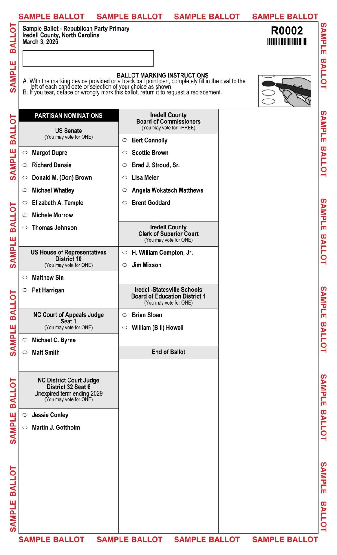 Sample ballots for Iredell County NC 2026 primary elections