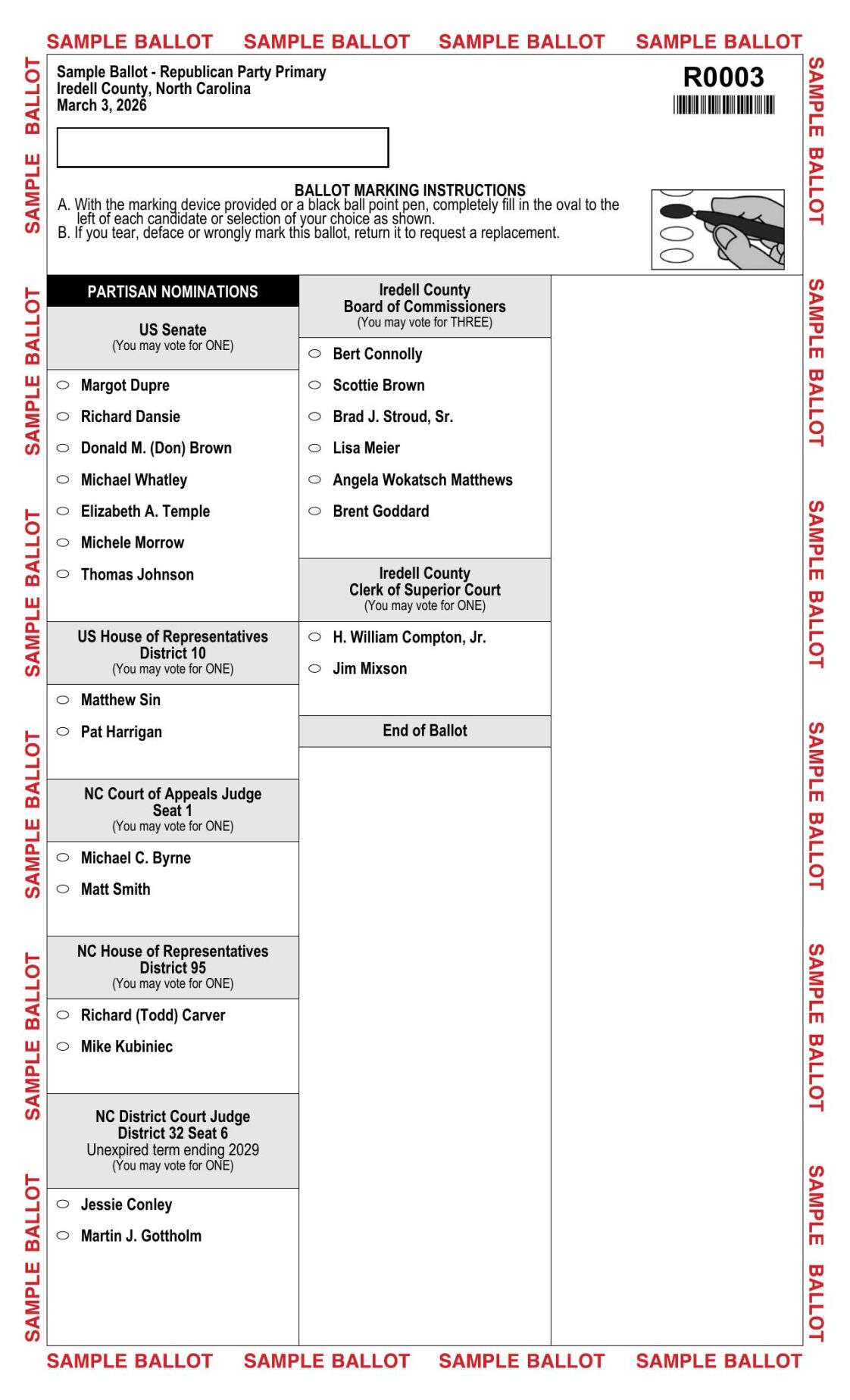 Sample ballots for Iredell County NC 2026 primary elections