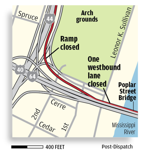 Don't forget today: Poplar Street Bridge has one less westbound lane